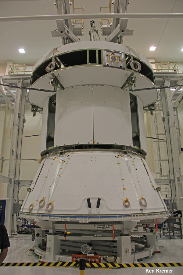orion service module assembly in the operations and checkout facility